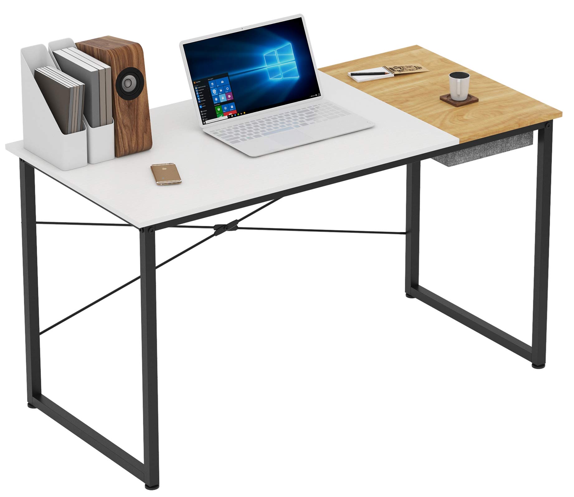 COTUBLR 47 Inch Computer Desk with Storage Box Home Office Writing Study Laptop Table, Modern Simple Style Desk with Drawer, White Natural
