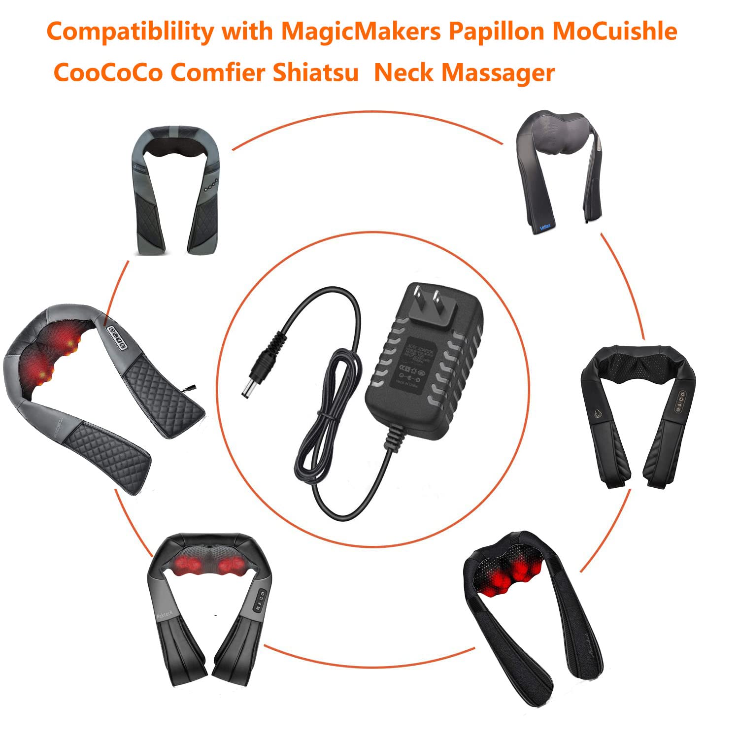 Wall AC Adapter Power Cord Compatible for RESTECK,Vellax,Medcursor,Mirakel,InvoSpa Shiatsu Back Shoulder and Neck Massager Charger Power Supply 12V(Only Fit for 12V Massager )