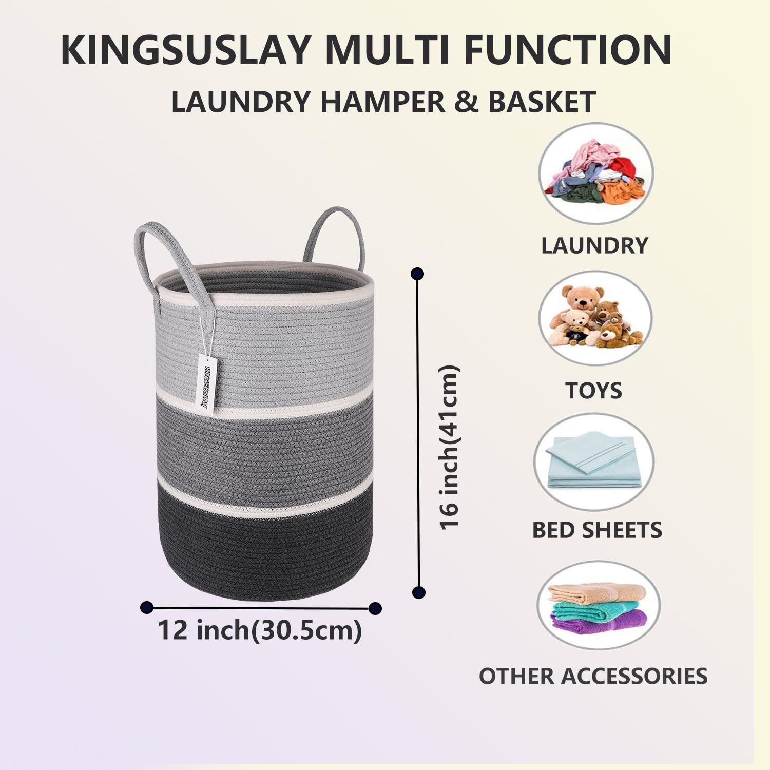 KINGSUSLAY Laundry Hamper, Laundry Basket,Tall Woven Baskets for Blanket storage,Toys,Pillows, Christmas Gifts, Extra Large Nursery Hampers for Laundry(Grey with White-12"x16" Inch)