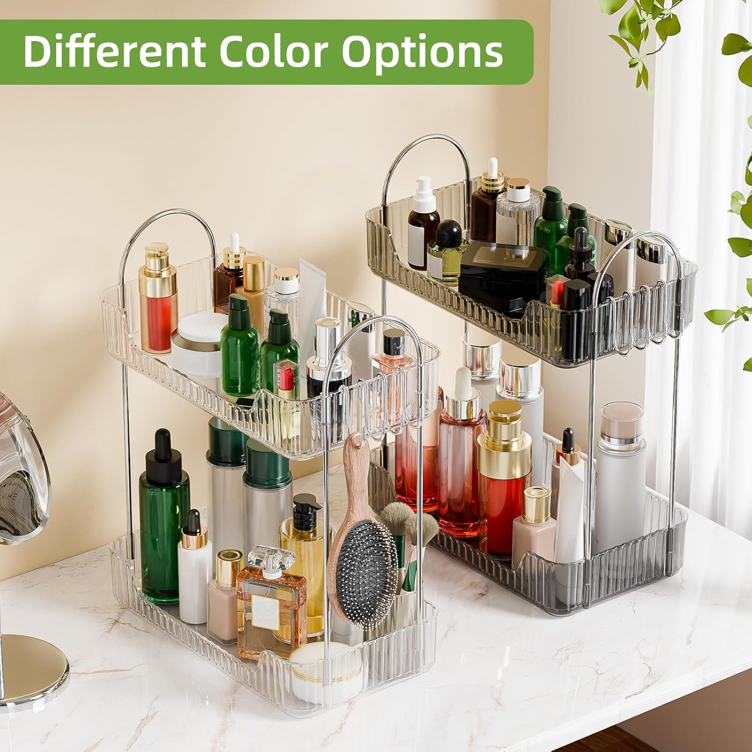 Kinkota 2 Tier Bathroom Organizer Countertop, Plastic Bathroom Counter Organizer, Vanity Tray Shelf Storage with Hooks, for Makeup/Kitchen Spice Rack, (Clear)