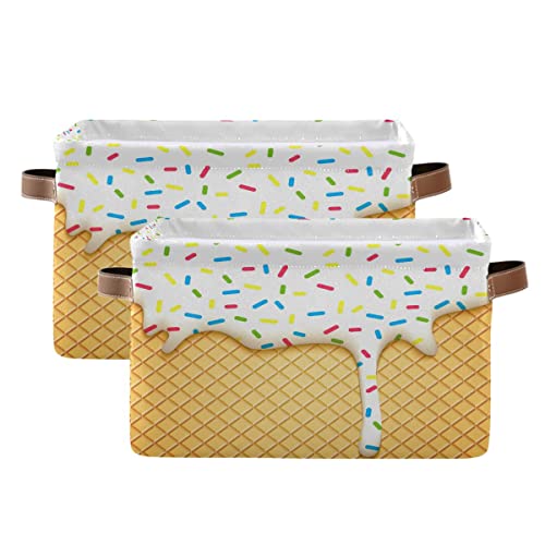 ZOEO Large Storage Basket, Vanilla Ice Cream Cone Waffles Foldable Storages Box Organizer Bins with Leather Handles for Shelves Closet Bedroom, Theme Party