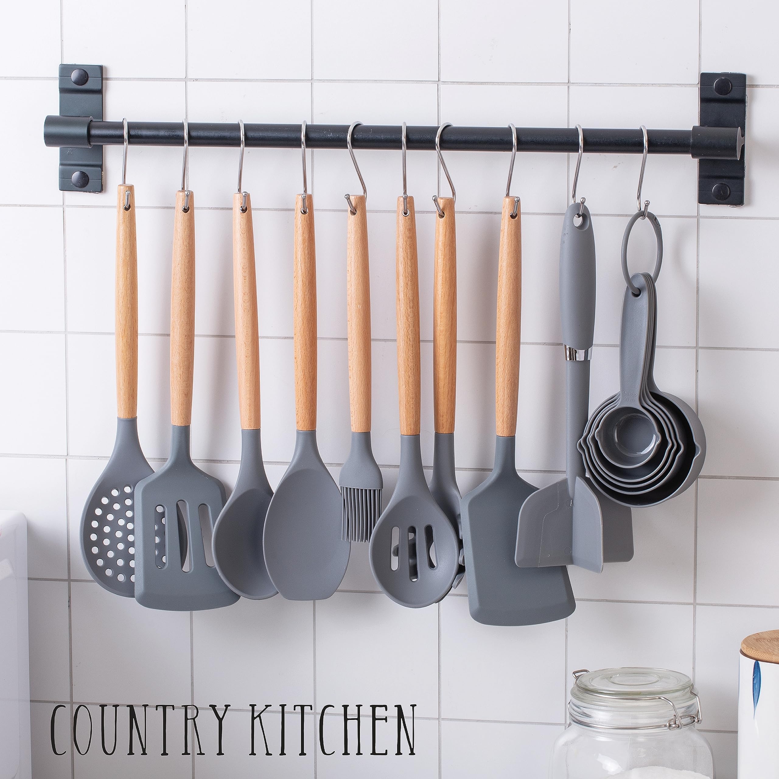 Country Kitchen Cooking Utensils Set - 40 pcs Non-stick Silicone Spatula Set with Holder, Wooden Handles and Heat Resistant Gadgets Utensil
