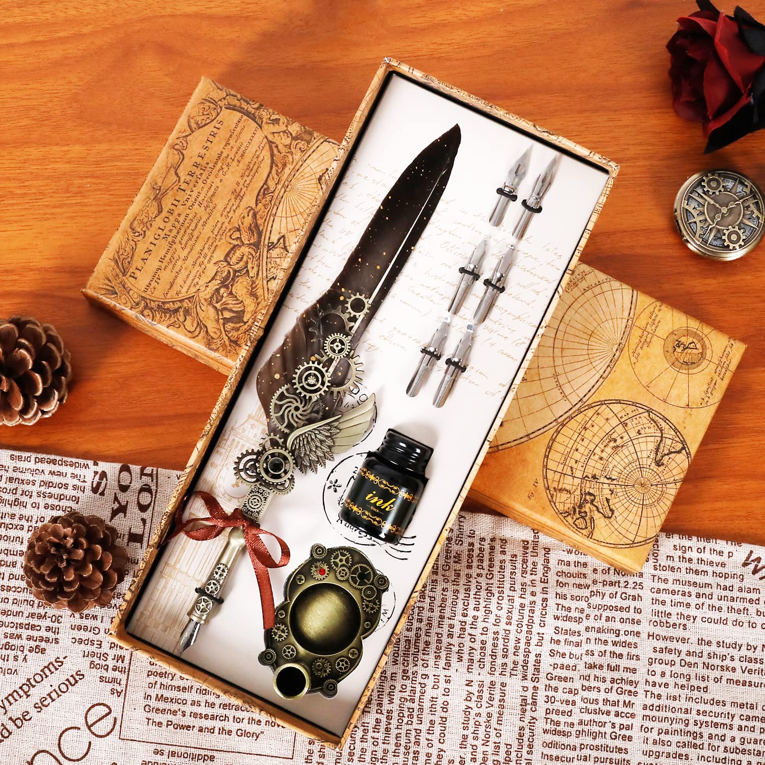 Feather Pen Set,Calligraphy Fountain Dip Feather Pen and Ink Set for Writing,Christmas Gift for Handwriting Lovers Birthday Gift,Luxury Vintage Signature Pen-Grey
