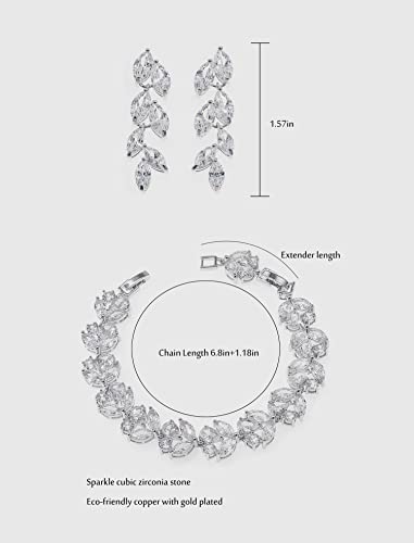UDYLGOON UDORA Cubic Zirconia Leafs Earrings Bracelet Jewelry Set For Bridal Bridesmaid Wedding Prom (White Gold)