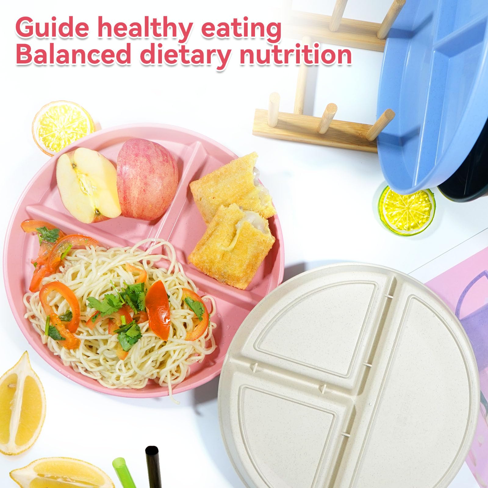 DYB DONGYONGBAO Portion Control Plate For Weight loss 9Inch 5PS, Reusable Wheat Straw Round Plastic Divided Dinner Plates, Microwave And Dishwasher Safe, Suitable For Kids And Adults