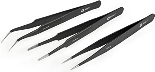 iFixit Precision Tweezers Set - Extra Fine, Angled, Blunt Tips for Electronics, Hobby, Industrial, Professional, Craft