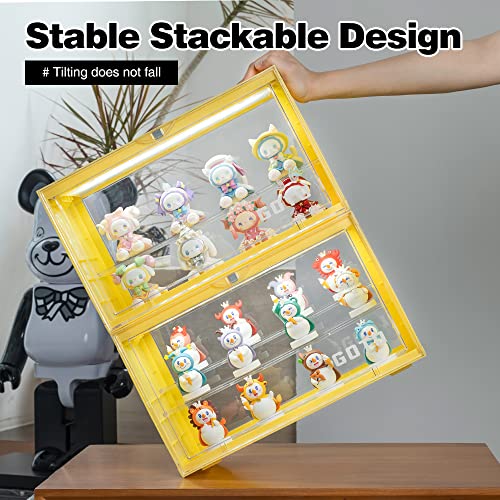 GOTO LED Lighting Display Storage Case, Dustproof Protection Display Box, Show Case for Action Figures, Pop Mart, Bearbrick Toys, Collectibles, Toys (1 Box with 3 Partitions and 1 Adapter, Yellow)