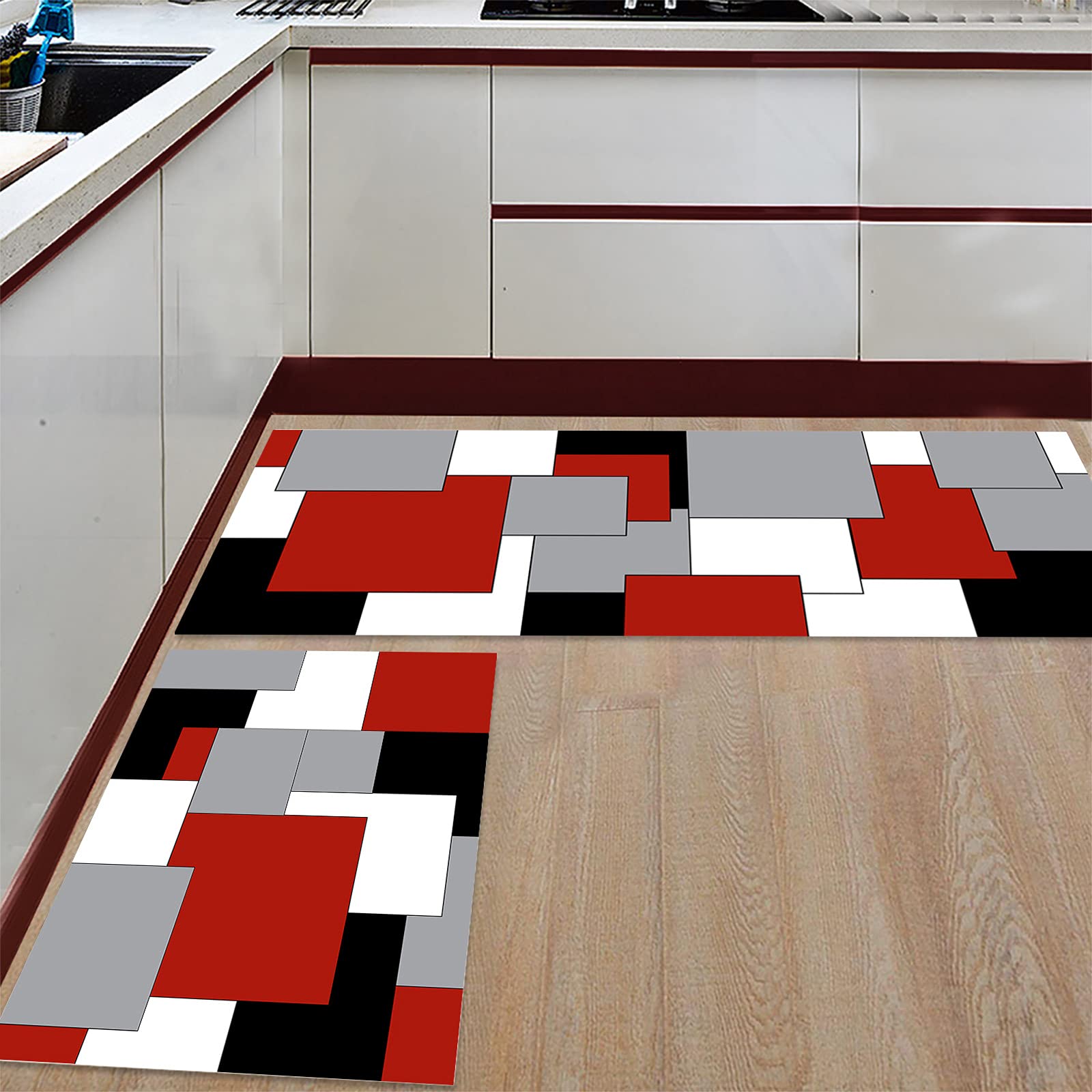 Geometry Abstract Art Kitchen Rugs Sets 2 Pcs Floor Mats White Grey Black Red Modern Art Geometric Doormat Non-Slip Rubber Backing Area Rugs Carpet Inside Door Mat Pad Sets,16"x 24"+16"x47"
