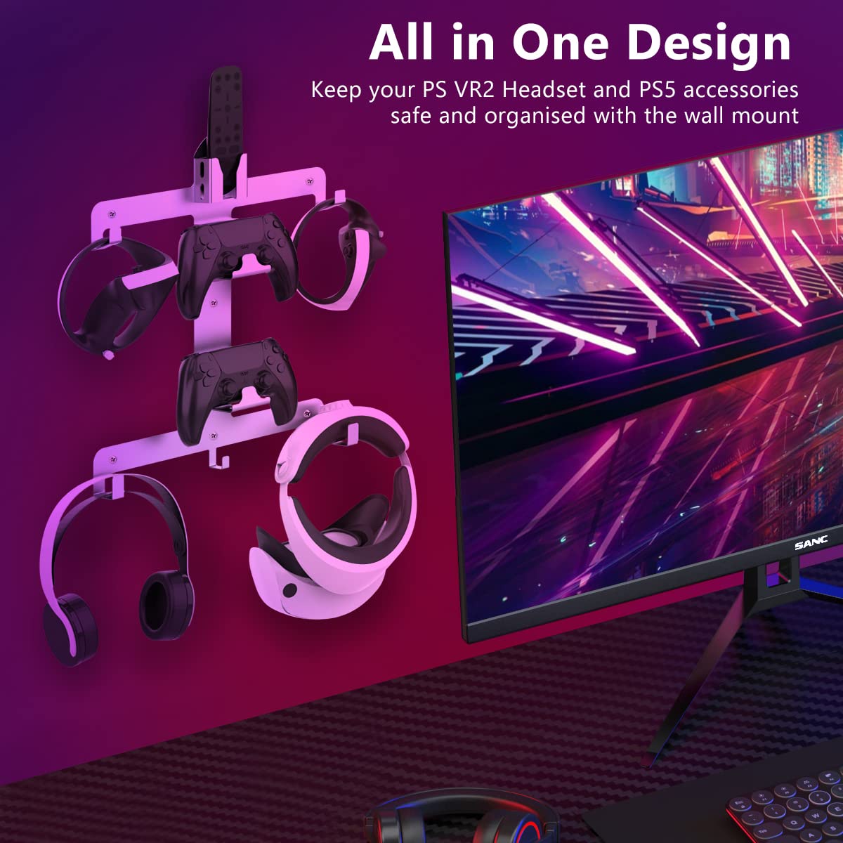 Hacksya Wall Mount for Meta Oculus Quest 3,All in 1 VR Wall Mount Storage for Most VR Headset Controller And Holder Compatible with PS VR2,Valve Index,for Meta Oculus Quest 2 Quest 3 Accessories