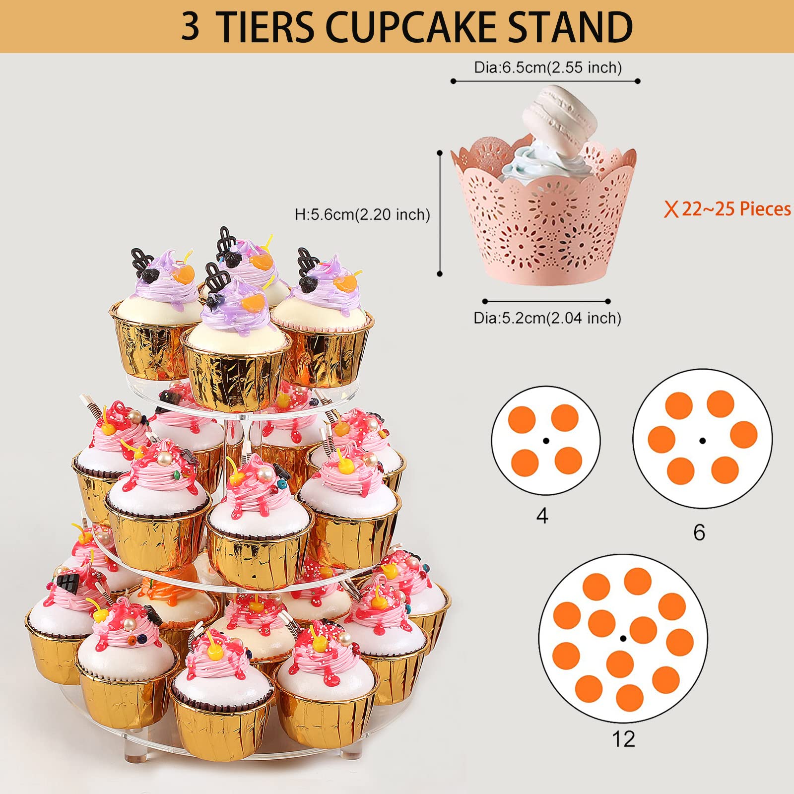 HAOWUJIN Cupcake Stand for 24 Cupcakes, Round Acrylic Cupcake Stand for Wedding Birthday Party Baby Shower Dessert Table for Parties Display, 3 Tier Clear Cupcake Tower Standā¦