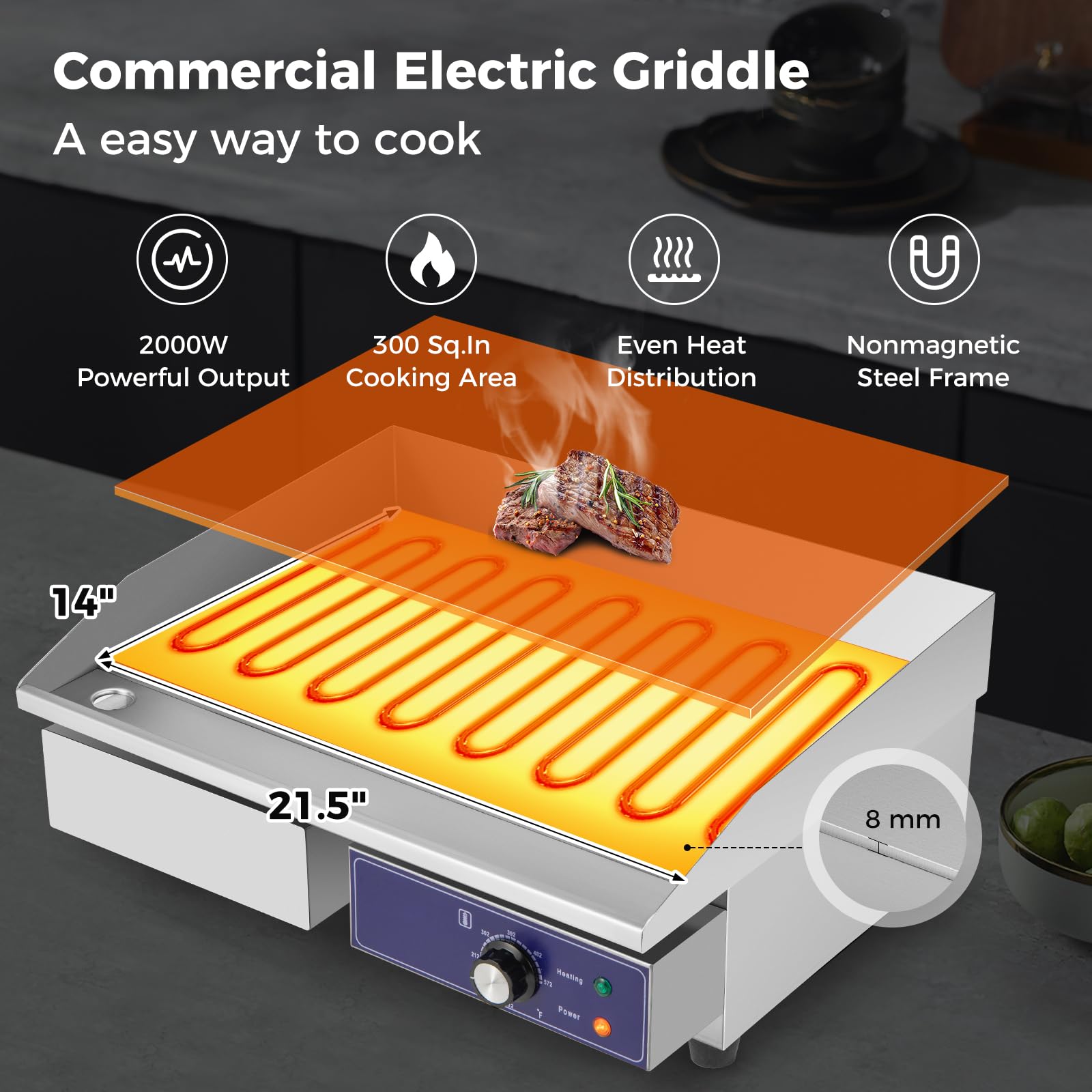Giantex Commercial Electric Griddle 22" - 110V 2000W Countertop Griddle with Cast Iron Griddle Plate & Stainless Steel Frame, Restaurant Teppanyaki Flat Top Grill, Adjustable Temp Control 122β-572β