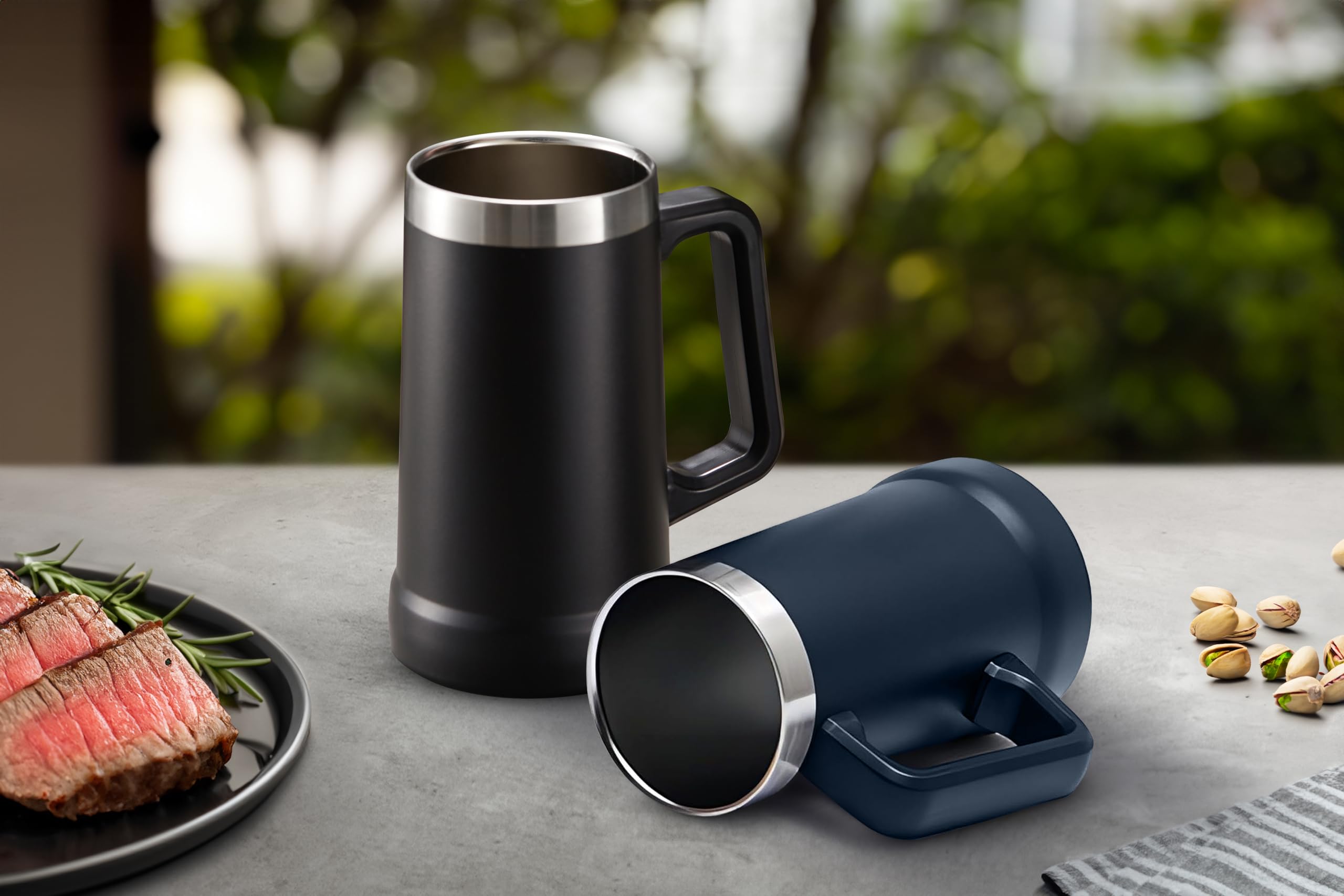 KooK Beer Stein, Stainless Steel Coffee Mug, Tumbler with Thermal Vacuum Insulation, Big Grip, Adventure, Double Walled Drinking Cup, Large Handle, Shatterproof, Navy Blue, 24 oz