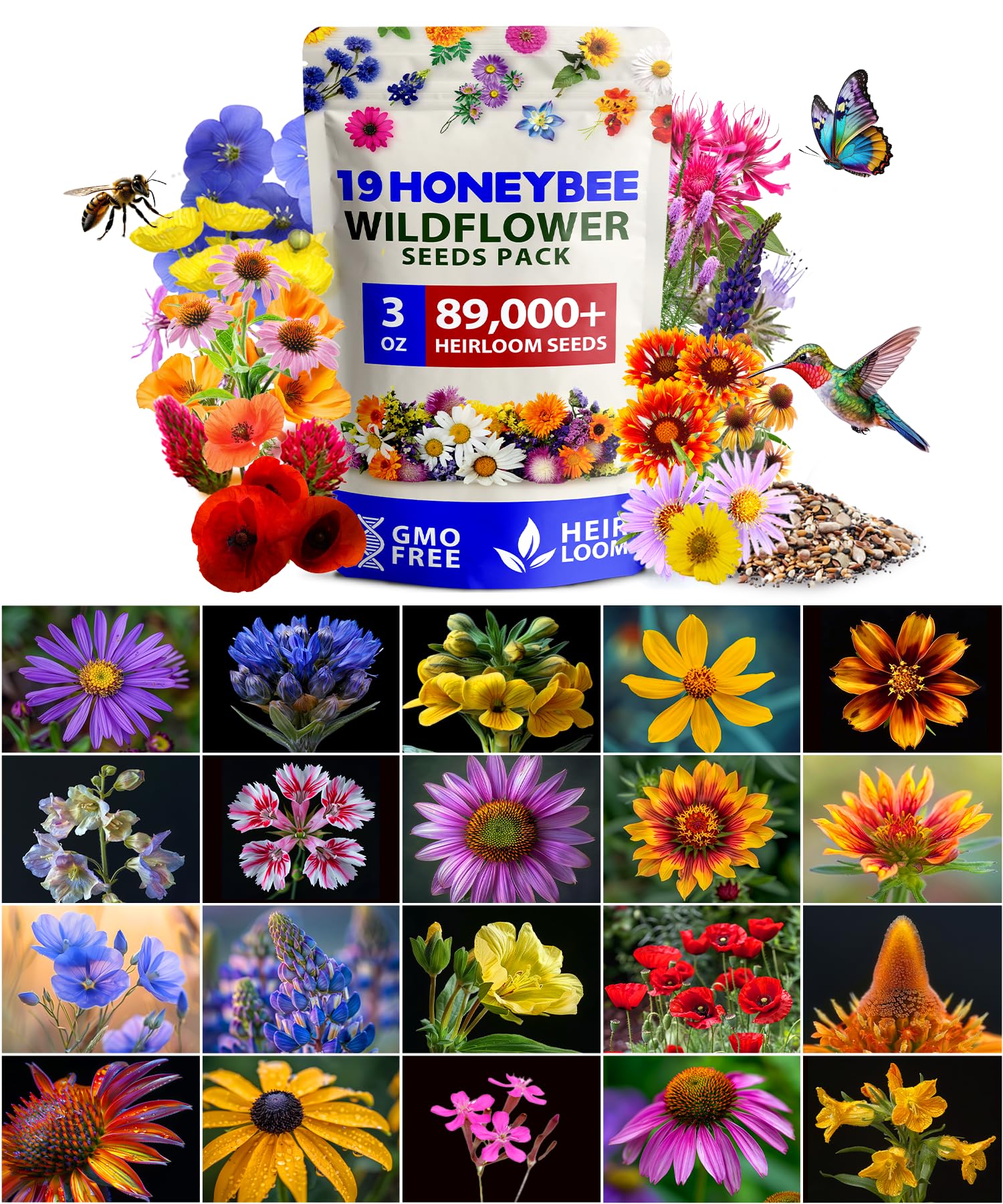 HOME GROWN Wildflower Seeds (3oz) 89,000+ Flower Seed Mix | No Filler | 19 Varieties, USA-Sourced Bulk Wild Flowers Seeds for Planting, Butterfly & Pollinator Perennial and Annual Wild Flower Mix