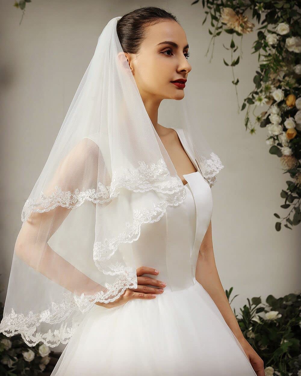 EllieWely 2 Tiers 2 T Short Fingertip Length Sequin Lace Bridal Wedding Veil Ivory