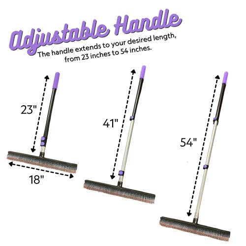 Room Groom PET Carpet Rake and Groomer with Telescoping 54 Inch Adjustable Handle, Rugs, and Artificial Turf, Purple Grip, Black/Purple