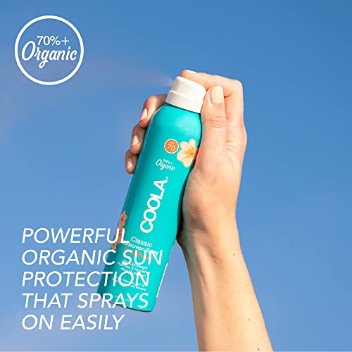 COOLA Organic Sunscreen SPF 70 Sunblock Spray, Dermatologist Tested Skin Care for Daily Protection, Vegan and Gluten Free, Peach Blossom, 6 Fl Oz