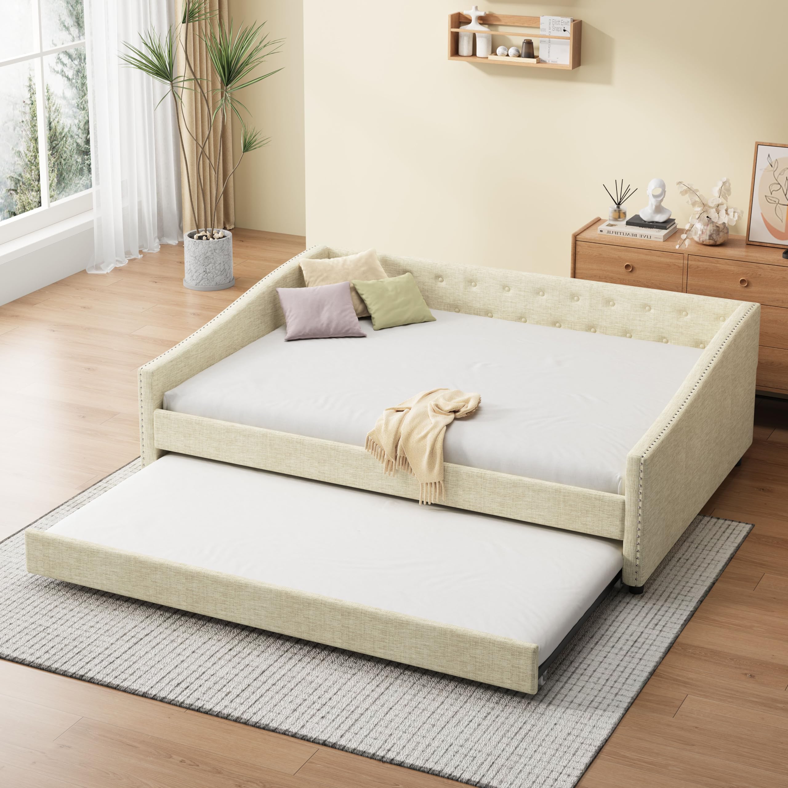 Jintop Full Size Velvet Upholstered Tufted Daybed with 2 Drawers,Modern Wood Bed Frame w/Armrests,Slat Support,No Box Spring Needed,Daybeds for Apartment,Bedroom,Guest Room,Beige