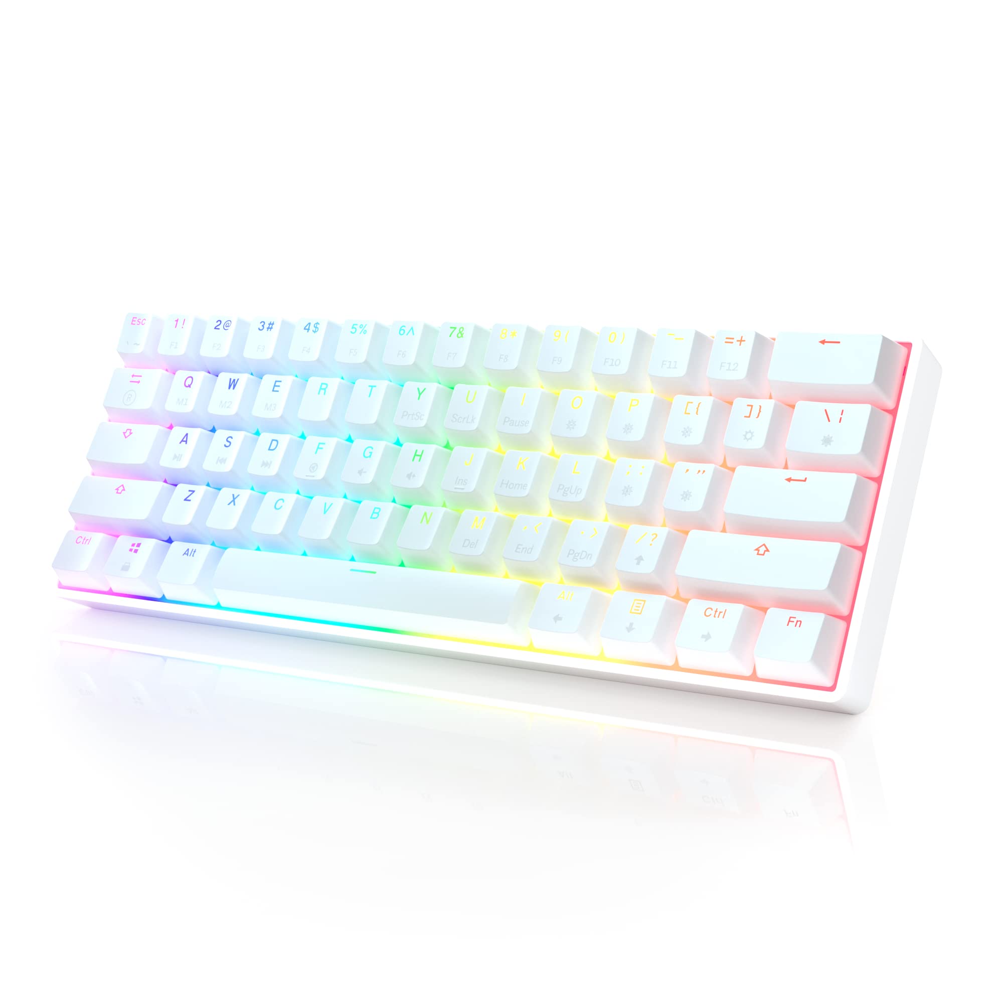 HK Gaming GK61 Mechanical Gaming Keyboard 60 Percent | 61 RGB Rainbow LED Backlit Programmable Keys | USB Wired | for Mac and Windows PC | Hotswap Gateron Optical Red Switches | White