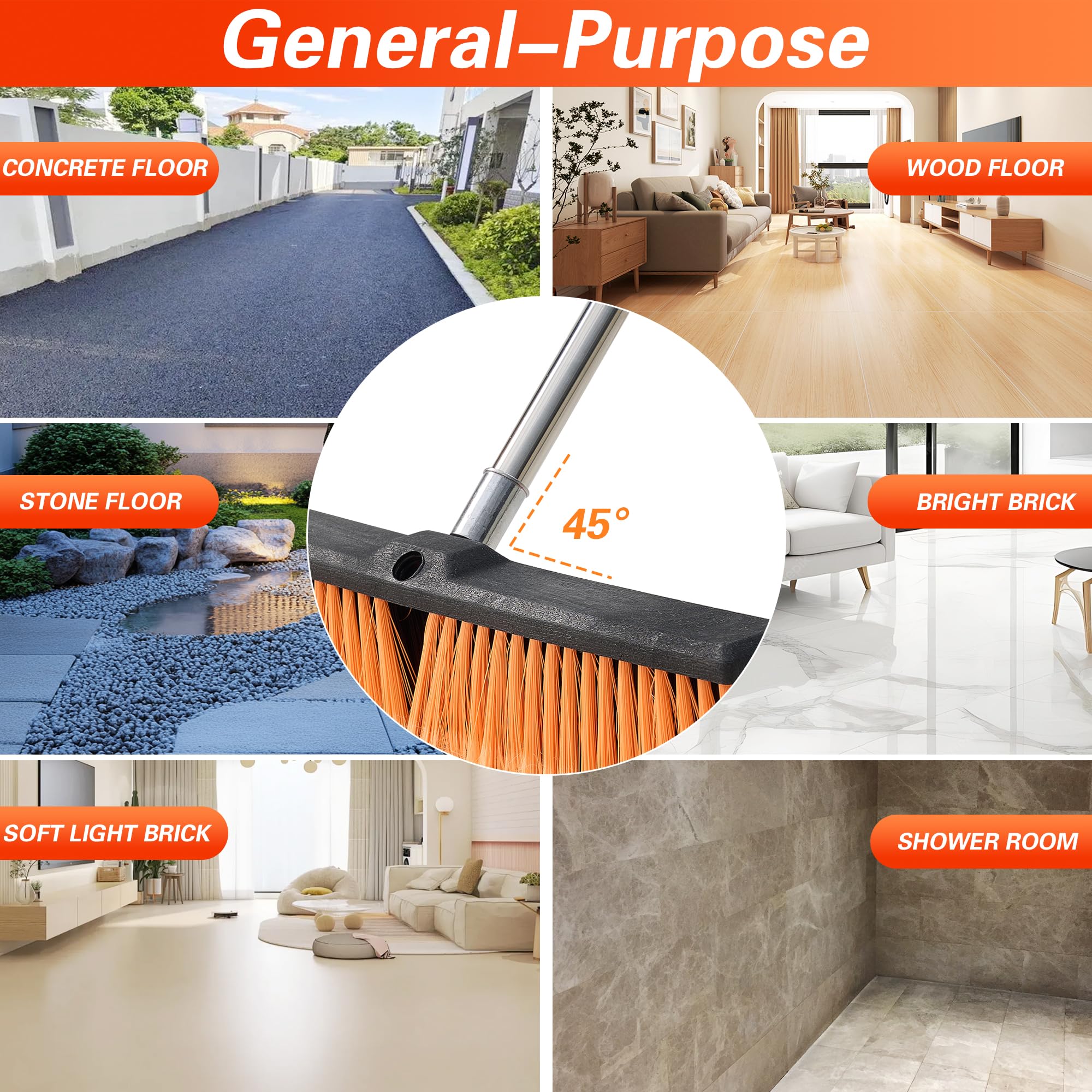 LUCHIA 18” Heavy Duty Push Broom with 65” Adjustable Stainless Steel Handle | Flagged Bristles for Indoor & Outdoor Broom for Floor Cleaning with Brooms, Gloves & Cloth | Orange