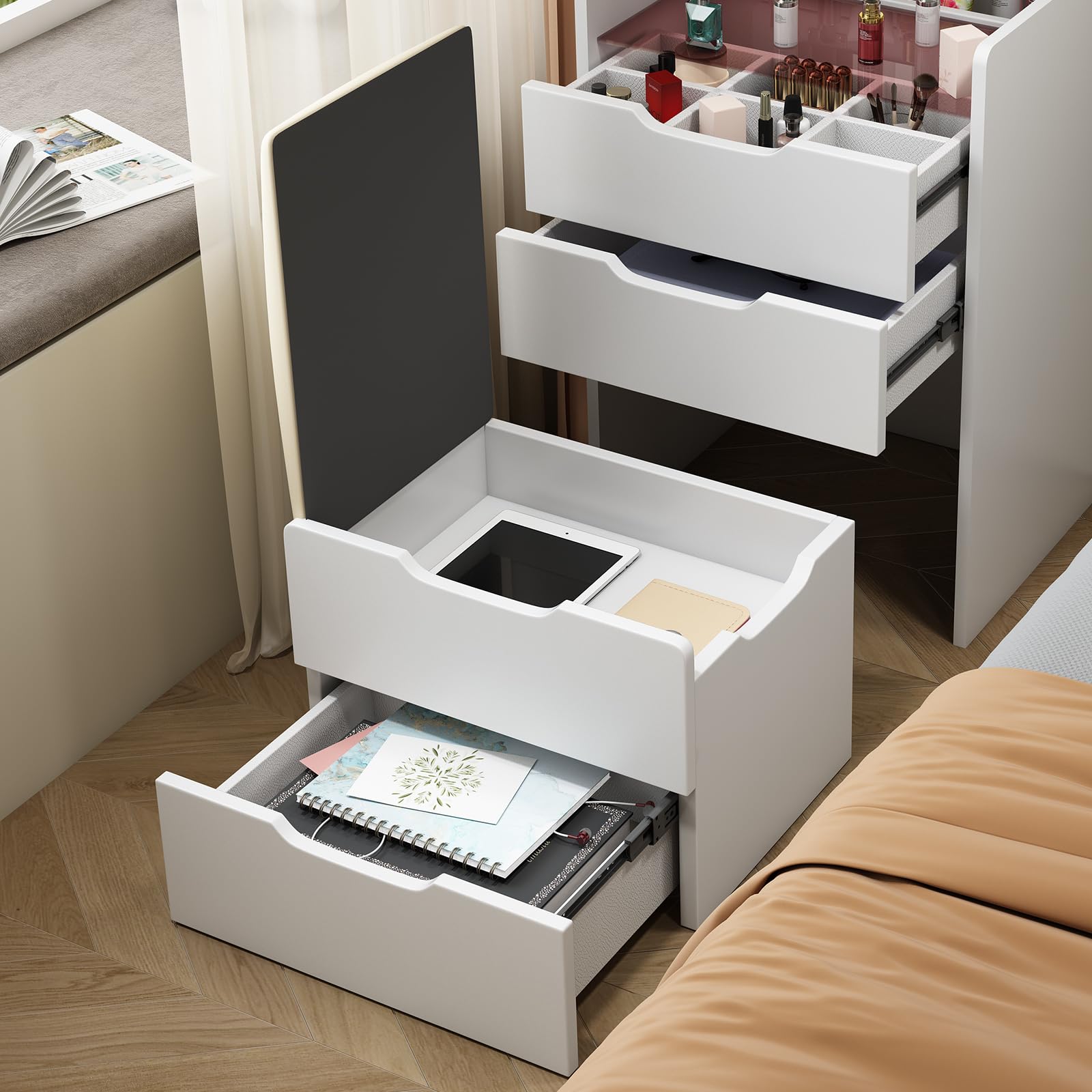 KissAir 3-in-1 Makeup Vanity Desk, Small Vanity Desk with Flip Top Mirror and Cushioned Stool, Dressing Table with 3 Drawers, Compact Vanity Set for Small Space (White)
