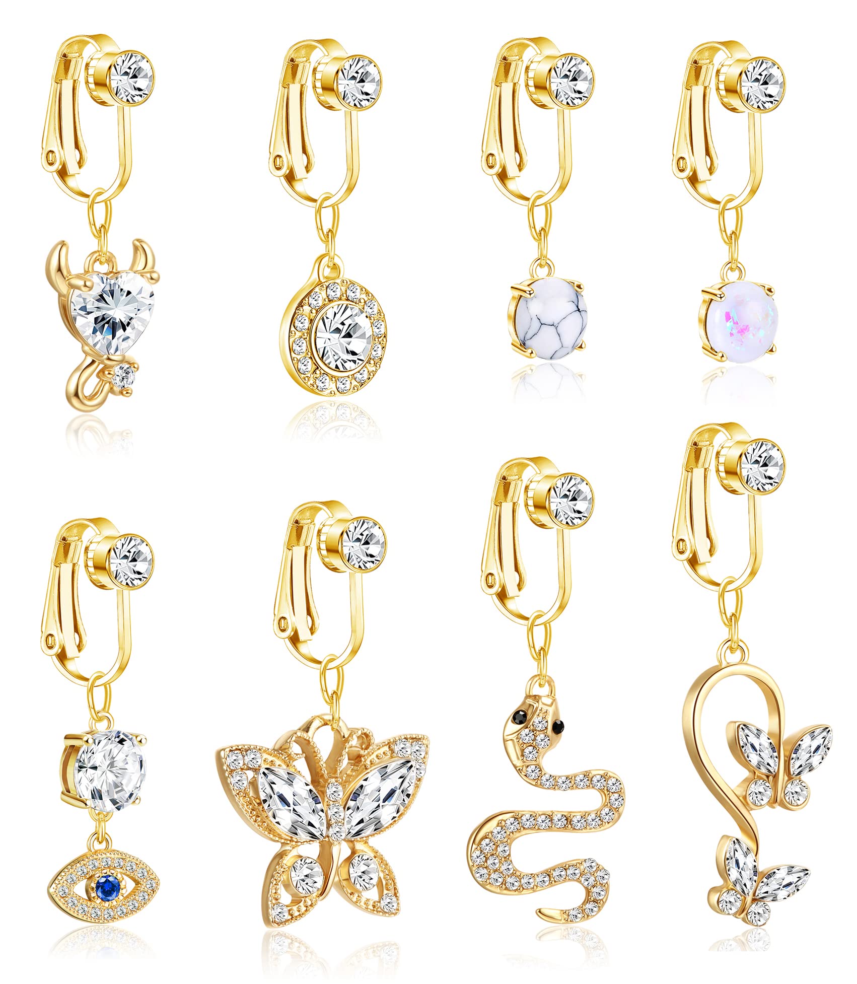 FIBO STEEL 8Pcs Fake Belly Rings Clip on Belly Button Rings Surgical Steel Opal CZ Non Piercing Dangle Navel Rings Fake Belly Piercing Jewelry gold
