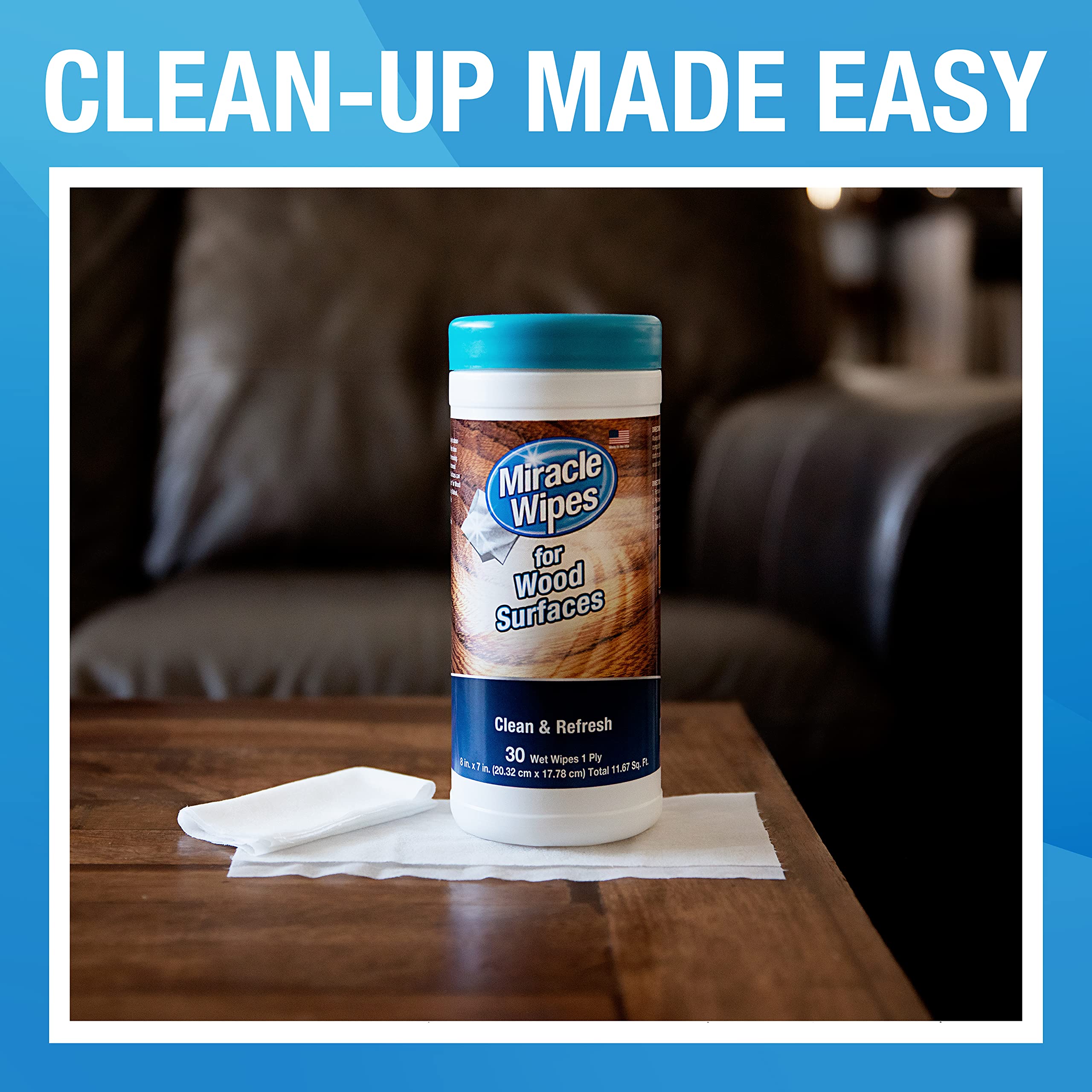 MiracleWipes for Wood Surfaces, Remove Dirt and Grime Buildup, Clean, Protect, and Polish Cabinets, Furniture, and Wood Floors, Great for Kitchen and Bathroom Cleaning Support - 30 Count