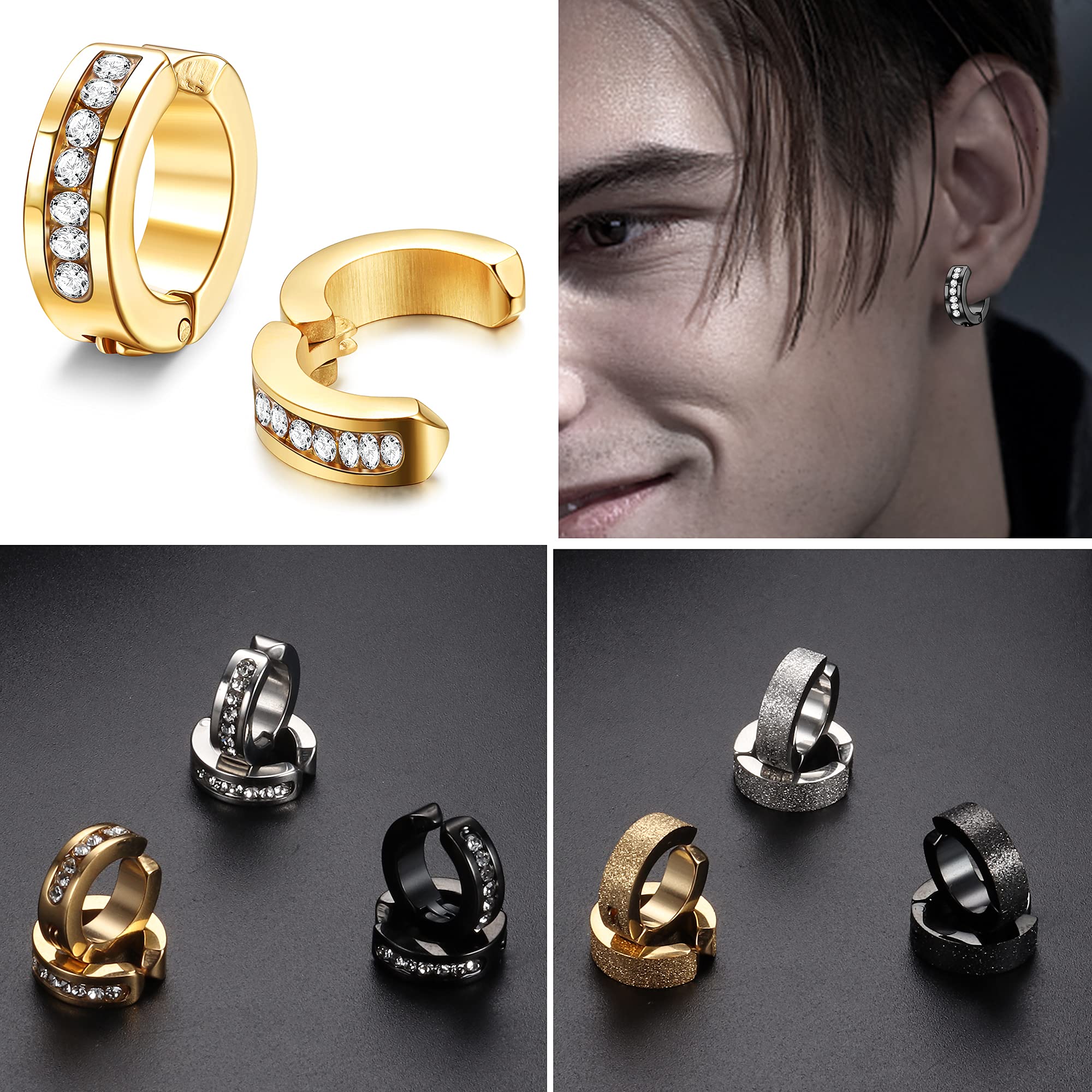 FIBO STEEL 9 Pairs Non-Piercing Earrings Stainless Steel Clip On Hoop Earrings For Men Women Paved CZ Ear Clip