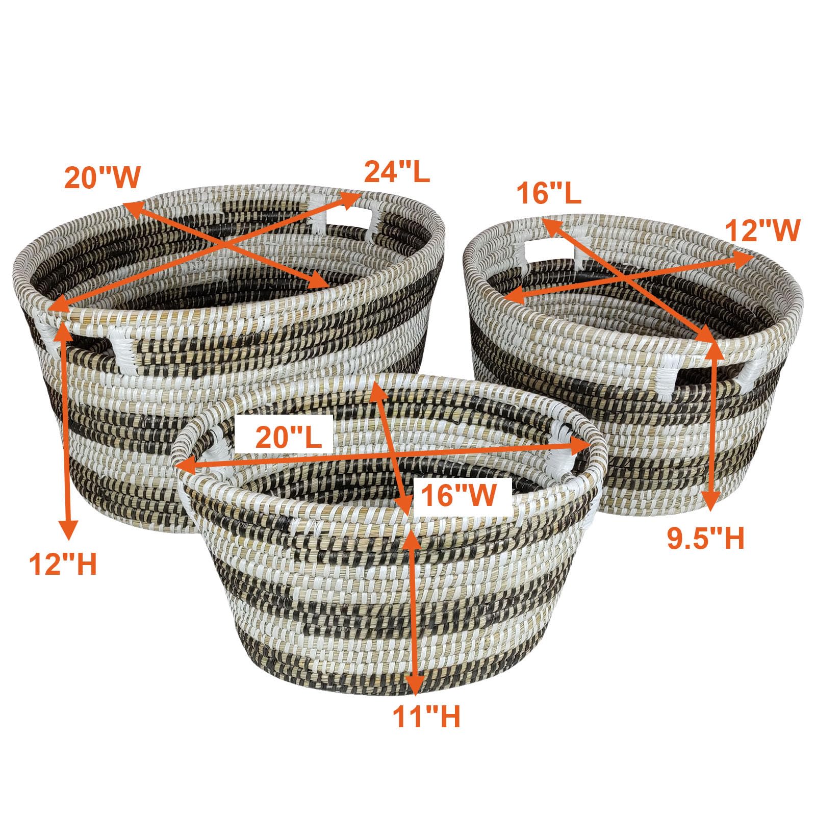 Giantex Woven Laundry Basket 24"/20"/16"- Set of 3 Stackable Storage Baskets with Handles, Large Oval Kans Grass Woven Baskets Laundry Hamper for Throw Blanket Clothes Living Room Bedroom