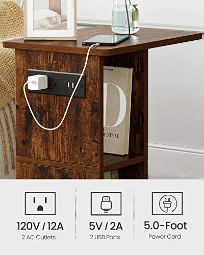 HILINSIE C Shaped End Table with Charging Station - Narrow Side Table with USB Ports and Outlets for Small Spaces, 3-Tier Storage Shelves Nightstand, 11.9 x 15.8 x 21.7 Inches, Rustic Brown