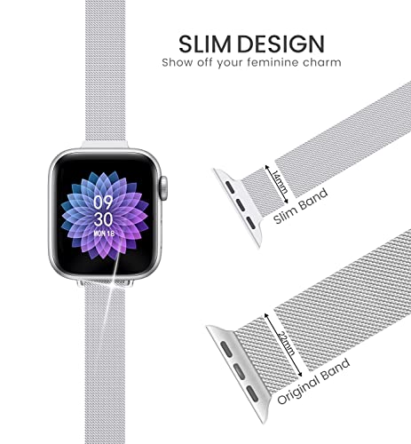 ZXCASD Metal Bands Compatible with Apple Watch Band 38mm 40mm 41mm for Women,Slim Stainless Steel Loop Magnetic Clasp Strap for iWatch Series 8 7 6 5 4 3 2 1 SE(38mm 40mm 41mm,Silver
