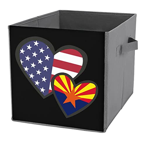Interlocking Hearts American Arizona State Flag PU Leather Collapsible Storage Bins Canvas Cube Organizer Basket with Handles