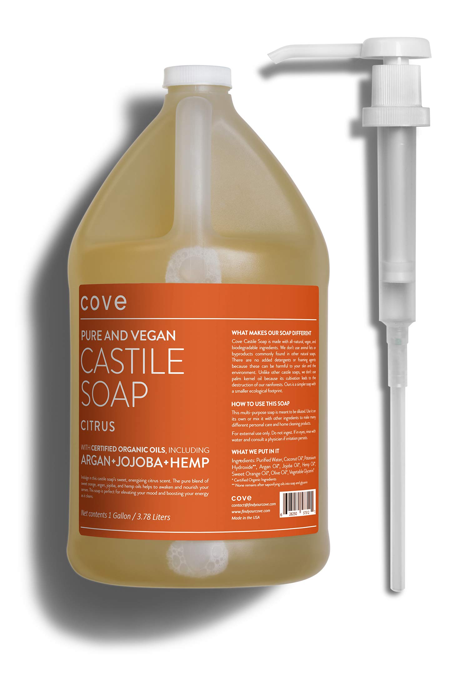 Cove Castile Soap Peppermint - 1 Liter / 33.8 fl oz - Organic Argan, Jojoba, and Hemp Oils