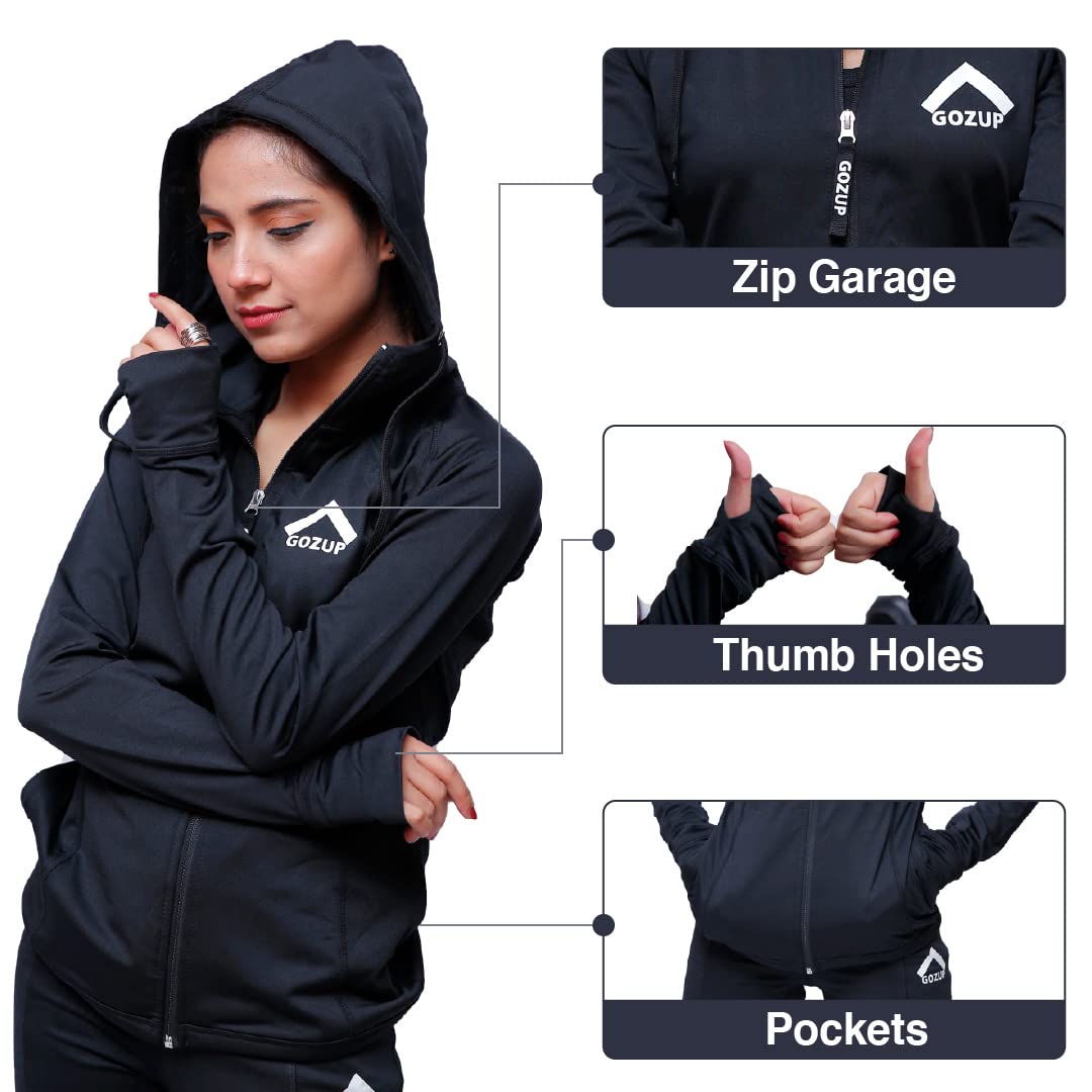 GOZUP Workout Jackets for Women - Full Zip Lightweight Quick Dry Hooded Black