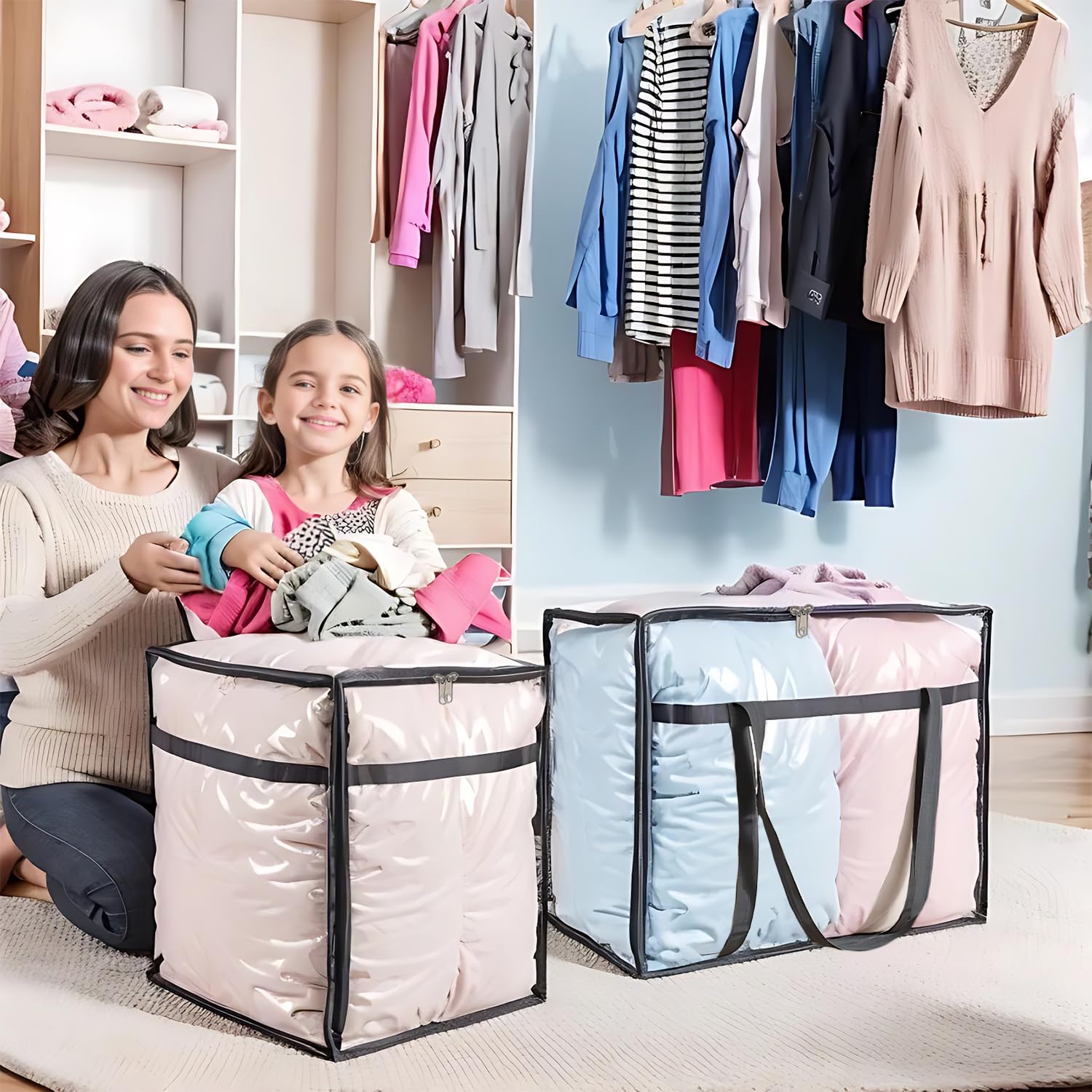 Mr Hsiung & Mrs 3 PACK Clear Clothes Storage Bags with Sturdy Zippers and Reinforced Handle Plastic Moving Totes for Comforters, Blankets, Linen, Bedding, Duvet, Pillows, Sweaters, Quilts