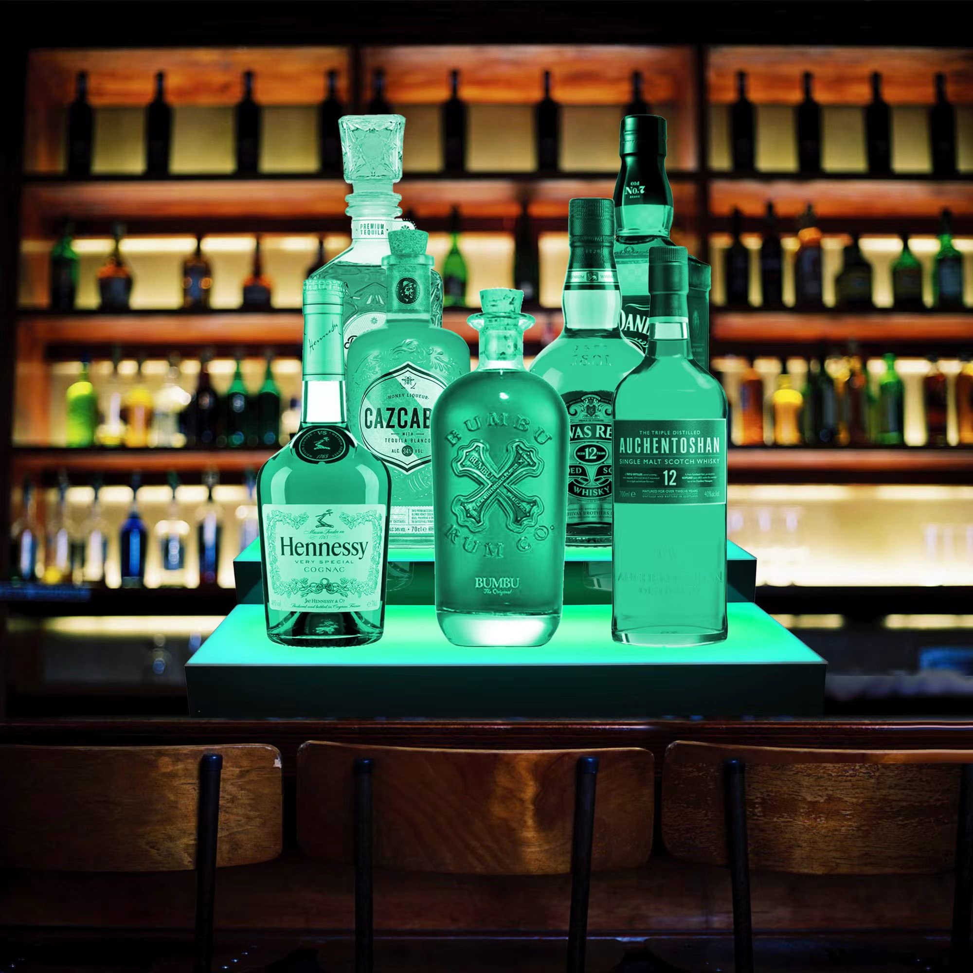 Royxen LED Lighted Liquor Bottle Shelf 3 Tier, 16 Inch Bar Shelf with Remote, Bottle Stand Multi-Color Lighting Modes for Bars