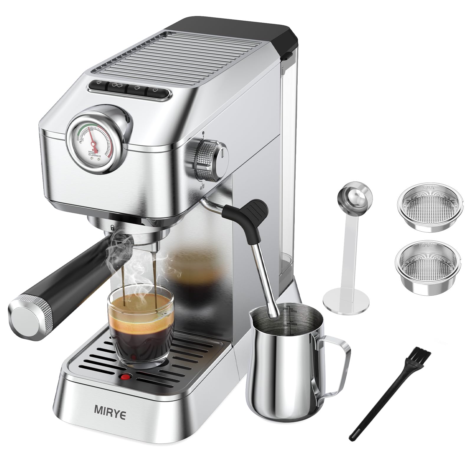 MR MIRYE Espresso Machine, 20 Bar Stainless Steel Espresso Maker Silver Coffee Machine for Home or Office With Removable Water Tank, Measuring Spoon, Brewing Filter, Milk Cup, Milk Frother Steam Wand