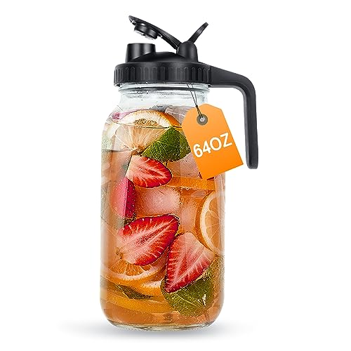 YSBYWSYR Glass Mason Jar Pitcher with Pour Spout Handle Lid, 2 Quart (64 oz / 1.9 Liter) Glass Jug for Sun & Iced Tea, Cold Brew Coffee, Breast Milk, Lemonade, Fruit Drinks