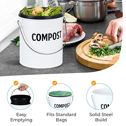 Kitchen Compost Bin by Saratoga Home - 1.3 Gal/5L Metal Compost Bucket for Kitchen Countertop, Kitchen Composter, Countertop Compost Bin, Compost Bin Kitchen, Kitchen Compost Bin Countertop, White