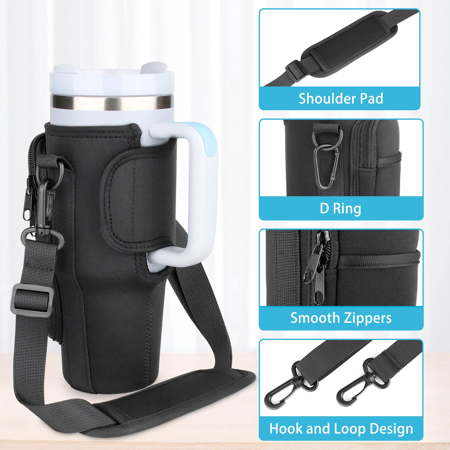 CTSZOOM Water Bottle Carrier Bag for Stanley 40 Oz Tumbler, Bottle Pouch Holder with Pocket and Adjustable Shoulder Strap for Stanley Quencher H2.0, Accessories for Stanley Cup Walking Camping Black