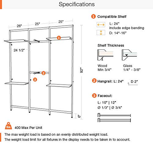 UDIZINE Vertik Clothing Wall Mounted (for 4 Shelves with 4 Faceouts and 2 Hanging Rails, White) | Shelves are NOT Included