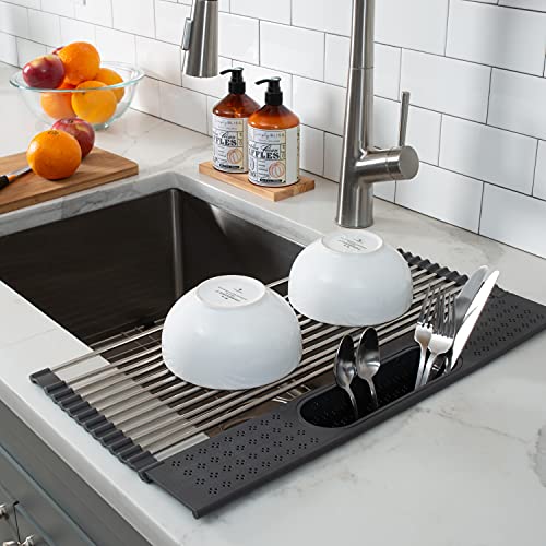 Kitchen Details Over The Sink Drying Rack with Utensil Holder | Roll Up for Storage | Stainless Steel | Drain Tray | BPA Free | Food Safe | Space Saving | Grey