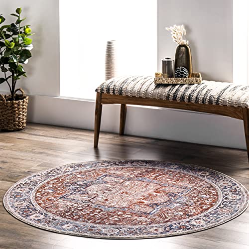 nuLOOM Harriet Vintage Medallion Fringe Area Rug - 5 Round Area Rug Traditional Blue/Multicolor Rugs for Living Room Bedroom Dining Room Kitchen