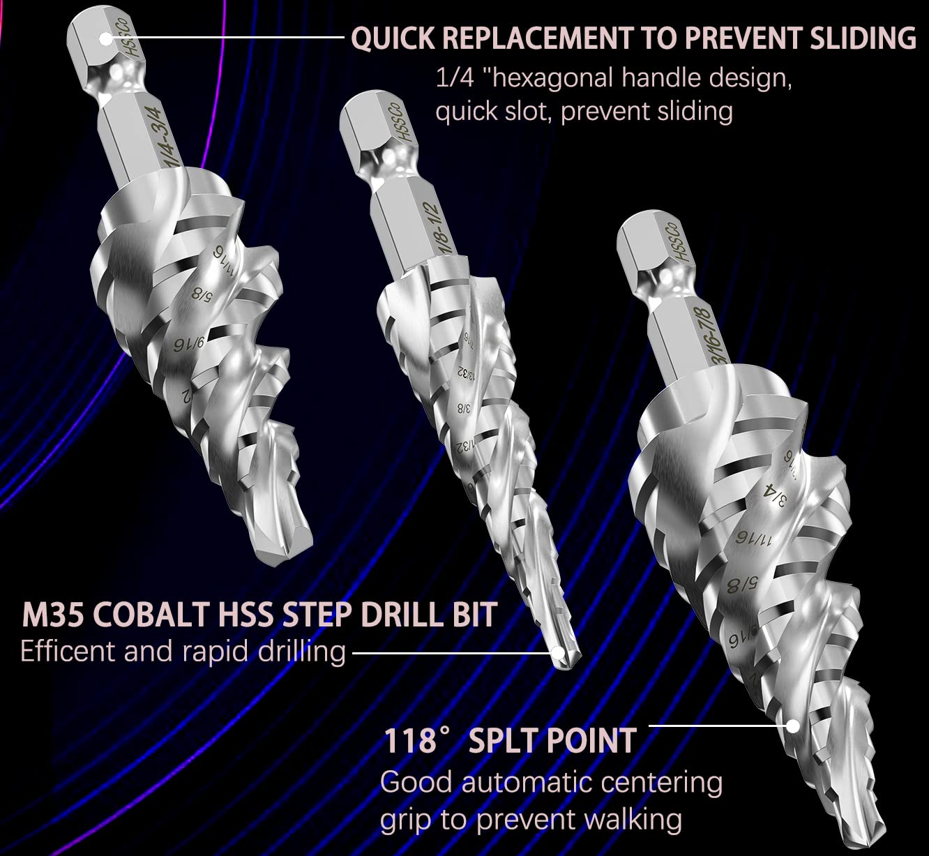 M35 Cobalt Step Drill Bit 1/4" - 3/4"(9 Sizes),Four Helical Flutes, 1/4" Hex Shank Drill.M35 Cobalt Step Drill Bit for Working Metal, Wood, Aluminum, Plastic, Great for DIYers