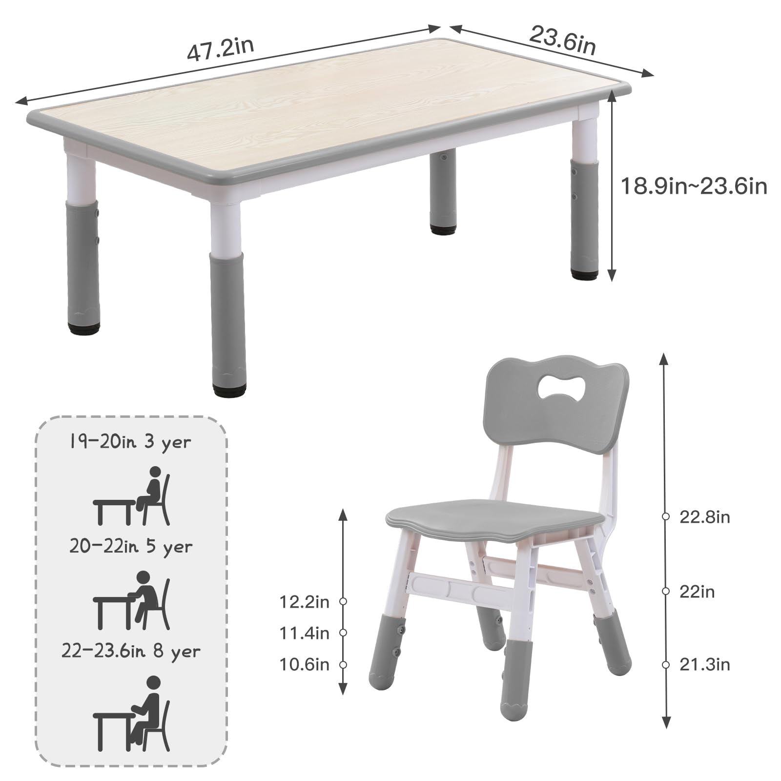LulliSpace, Height Adjustable, Kids Set with Graffiti Desktop,Toddlers Activity Table for Daycares,Homes,Classroom,Eco-Friendly, and Stylish Design, 6 Chairs, Gray