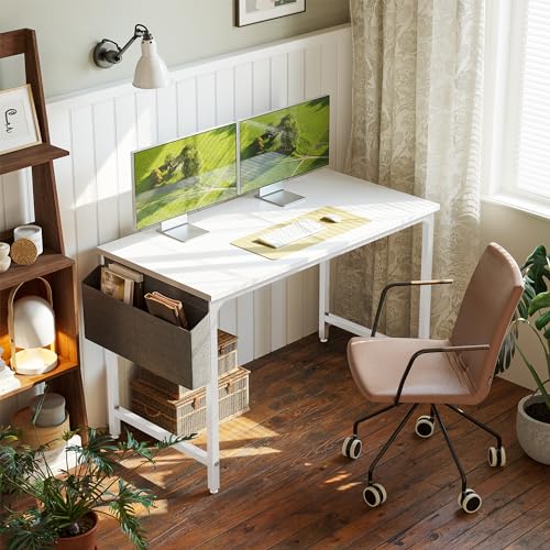 CubiCubi Computer Desk 55" Study Writing Table for Home Office, Modern Simple Style PC Desk, White Metal Frame, White