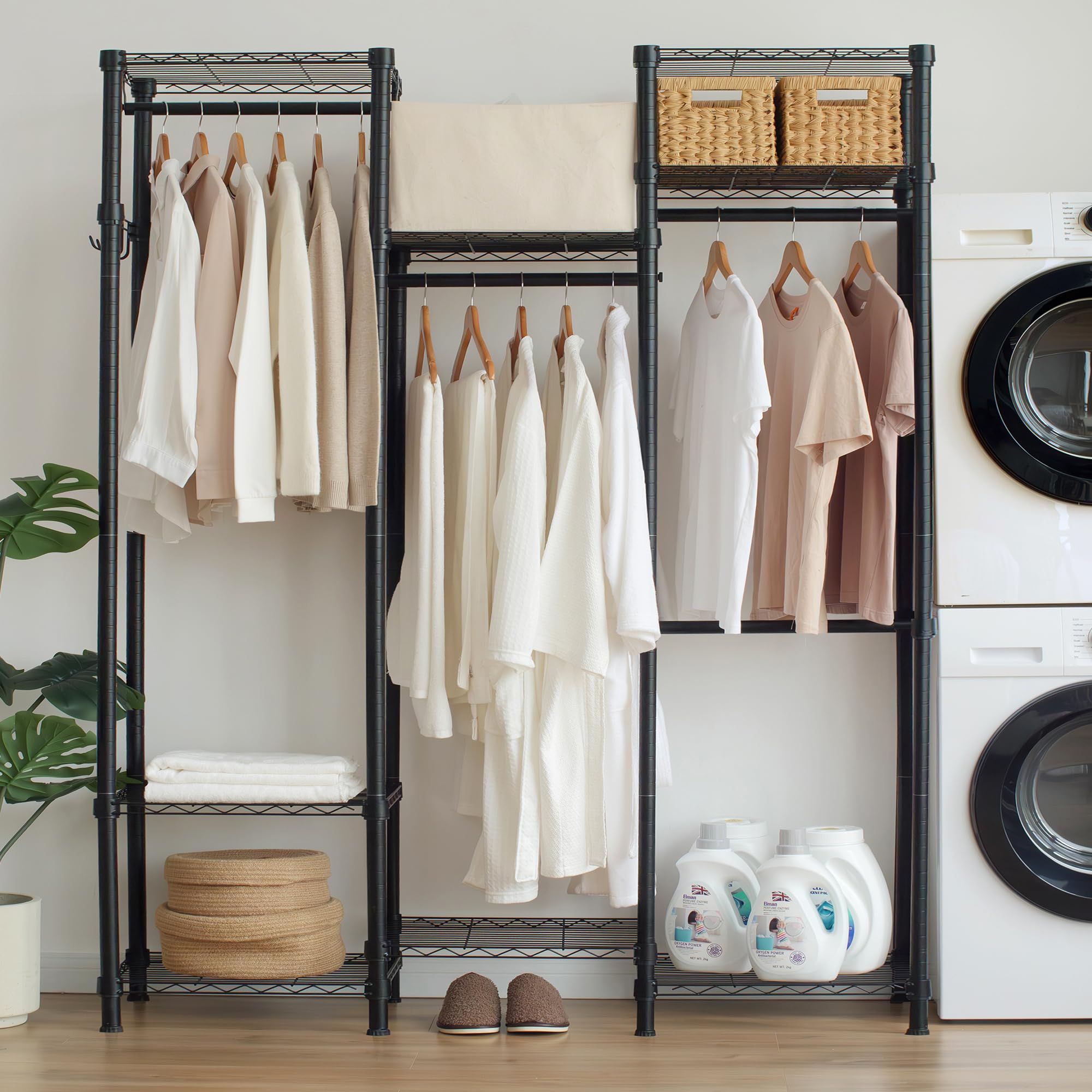 JS HOME Portable Closet Wardrobe Heavy Duty Clothes Rack, Freestanding Clothing Rack with 4 Hang Rods & 8 Shelves, Adjustable Closet Rack, 57" L x 15.7" W x 76.8H, Max Load 925LBS, Black