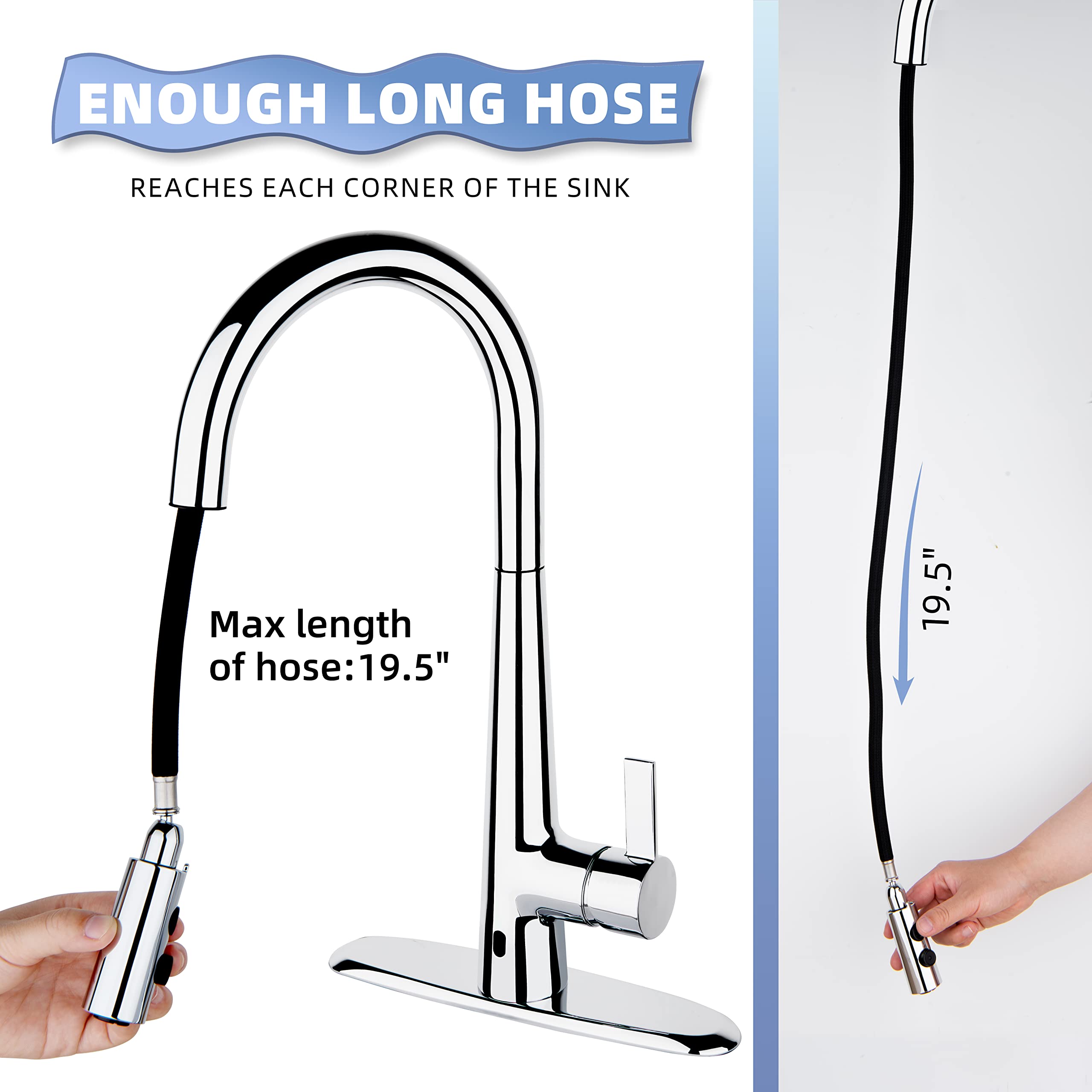 IMHOMII E8305xxxxx Touchless Kitchen Faucet with Pull Down Sprayer, Motion Sensor Activated Smart Kitchen Sink Faucets,Hands Free Brass Kitchen Taps 360 Degree Swivel High Spout, Chrome