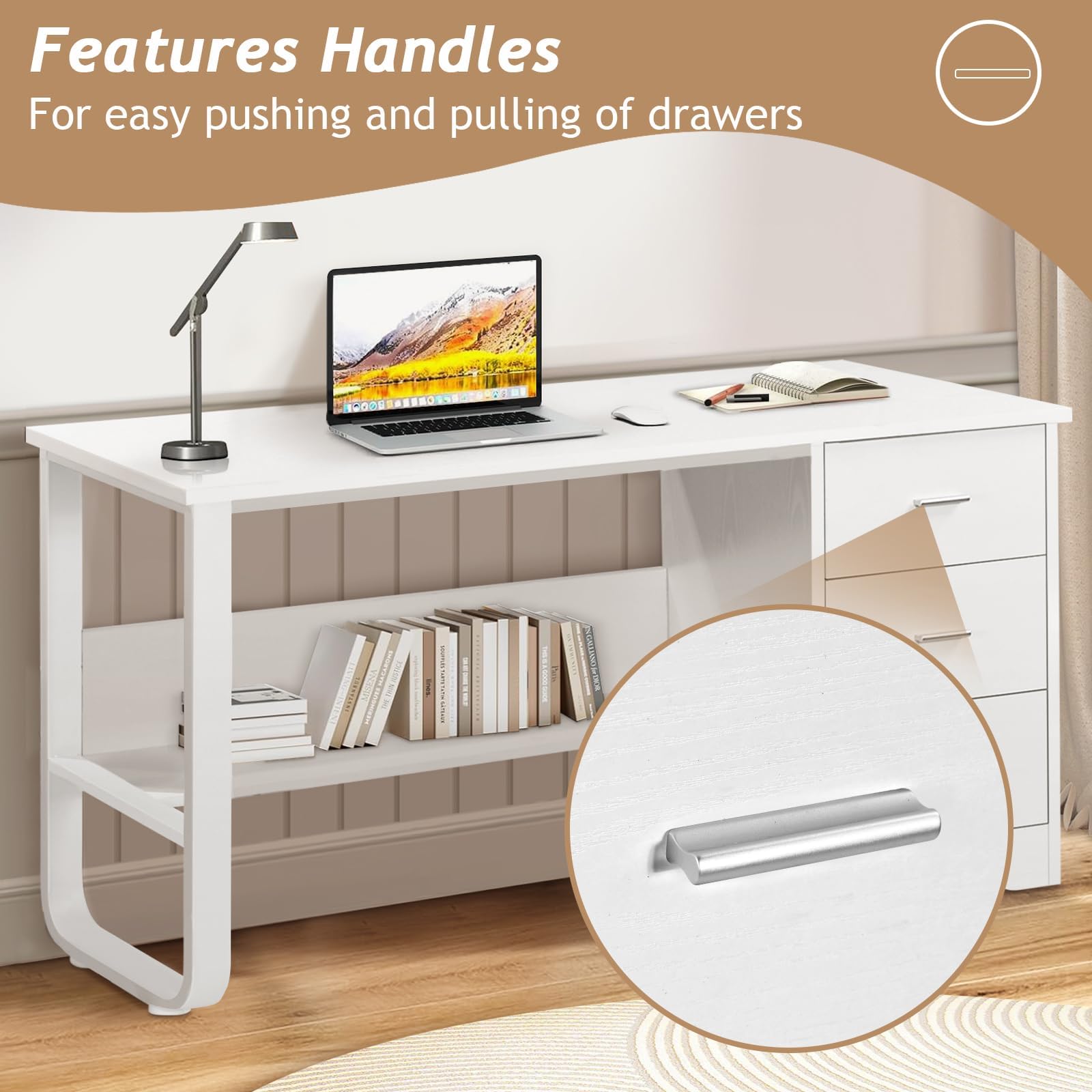 MaverickFurni White Desk with 3 Drawers, Small Desk with Stoage, Kids Desk for Bedroom, Study Desk with Bottom Shelf, White Wood Computer Desk for Home Office