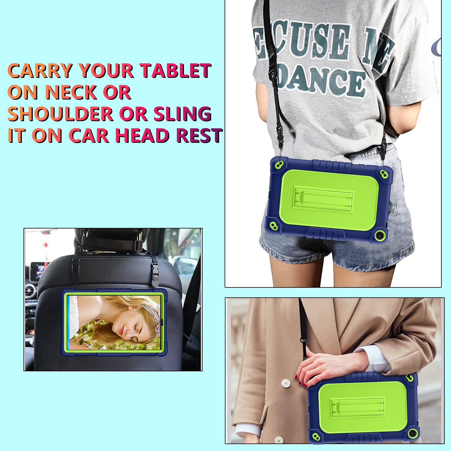 FIEWESEY Case for Walmart Onn 8 Inch Gen 3 2022(Model:100071483) Tablet,Shockproof Kids Friendly Rugged Cover with Shoulder Strap & Stand Case for Walmart Onn 8 Inch Gen 3 2022 Tablet (Navy/Green)
