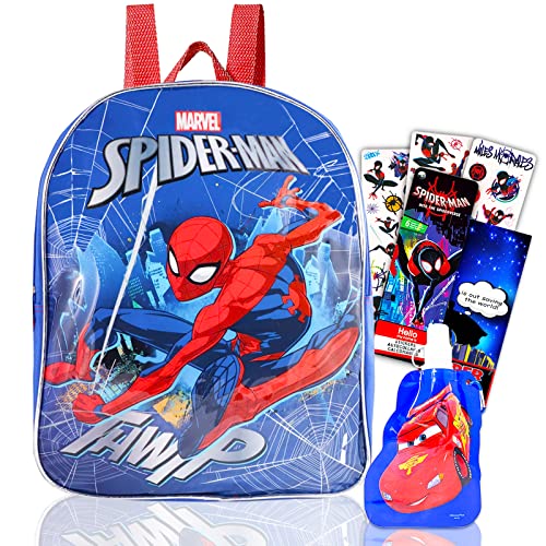 Marvel Spiderman Backpack for Kids School - Bundle with Ultimate Spiderman Backpack, Water Pouch, Spiderverse Stickers and More (Superhero Backpacks for Boys)